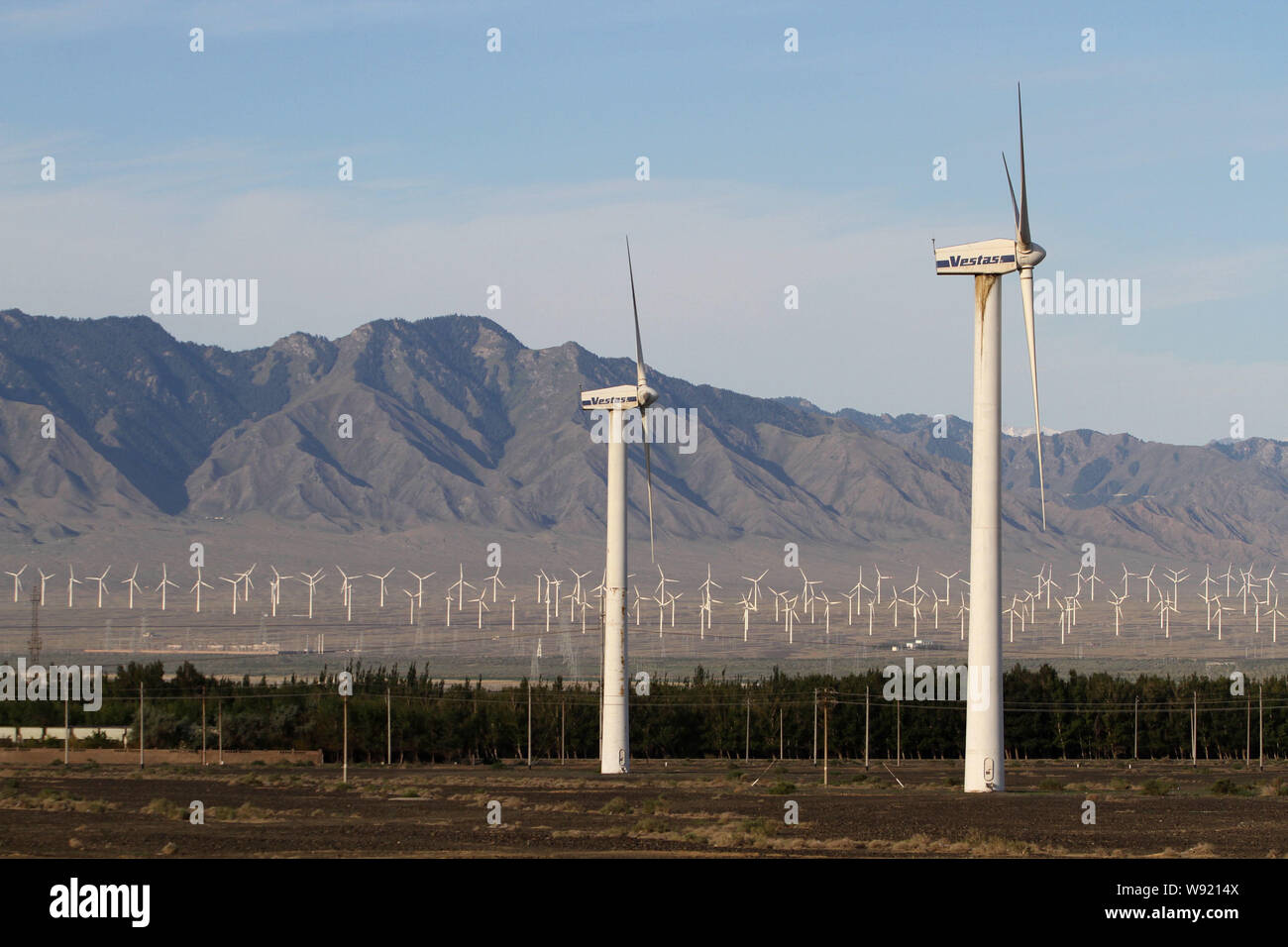 Wind turbines whirl to generate electricity at a wind farm in Urumqi ...