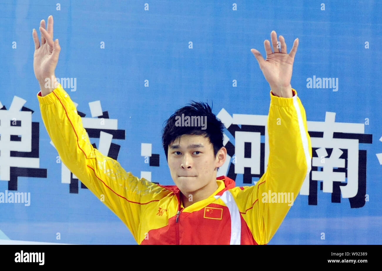 Chinese Olympic swimming champion Sun Yang poses after winning the pre ...