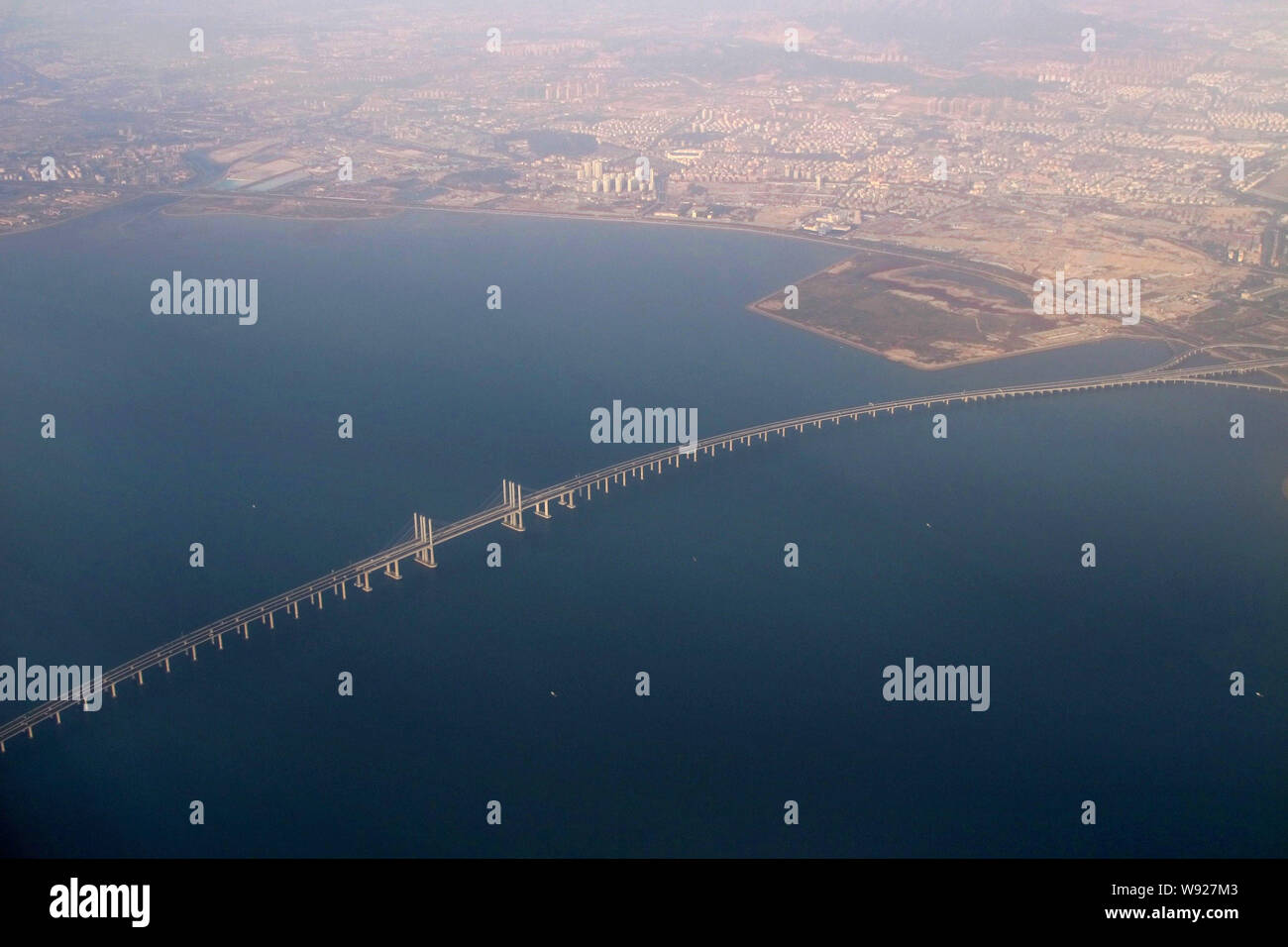 --FILE--Aerial view of Jiaozhou Bay Bridge, also called Qingdao Gulf ...