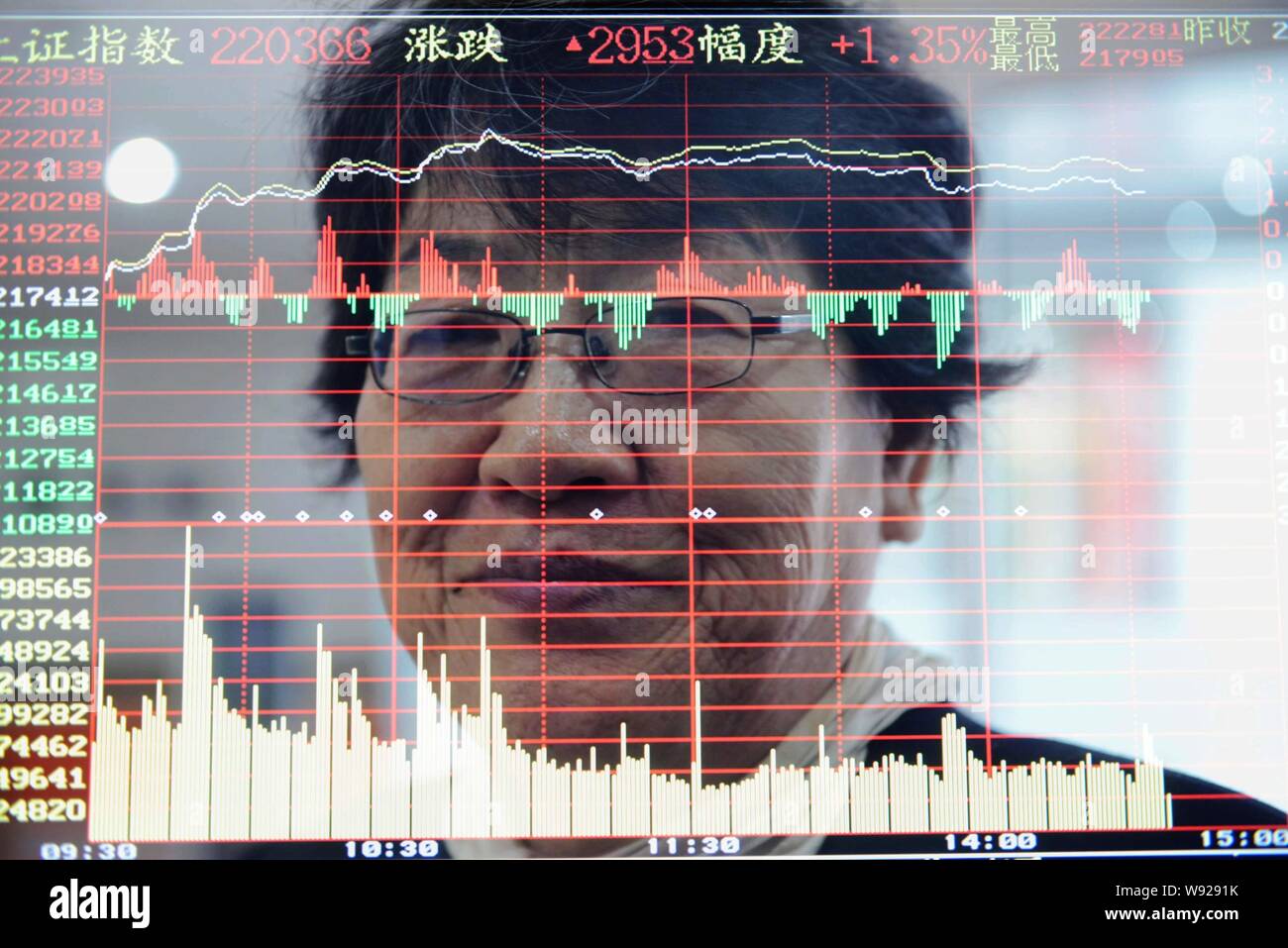 In this multiple exposure image, a Chinese investor smiles satisfied ...