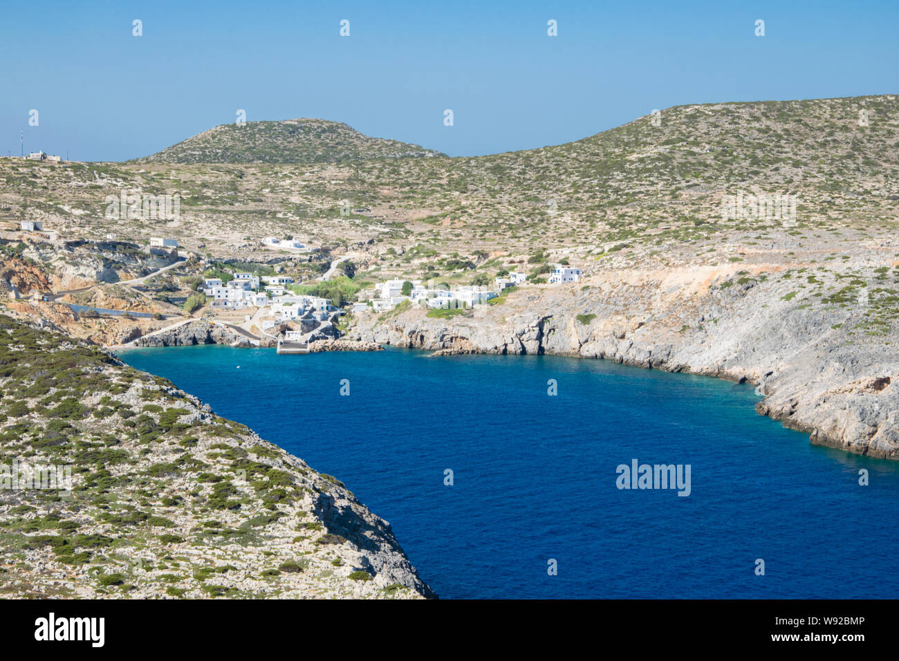 Bay of Antikythera with deep blue sea waters where the port of the ...