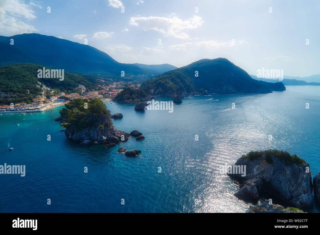 Aerial cityscape view of the coastal city of Parga, Greece during the ...