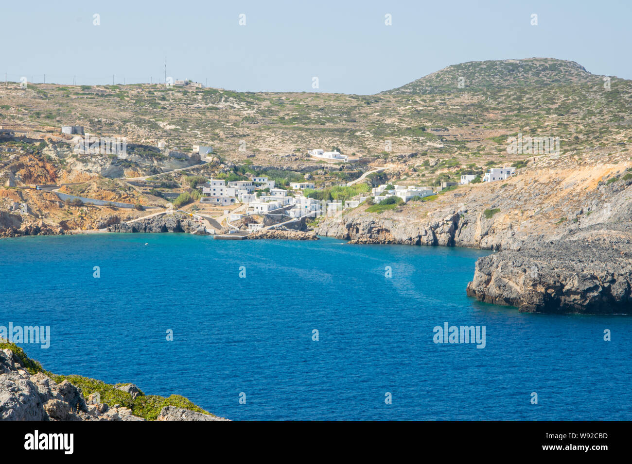 Bay of Antikythera with deep blue sea waters where the port of the ...