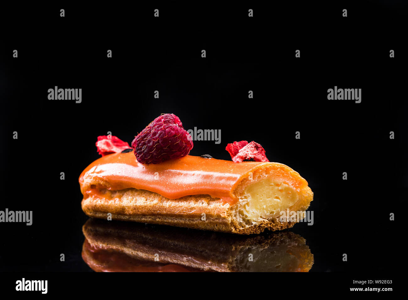 French Artisan Eclair on Black Reflective Background,Copy Space ...