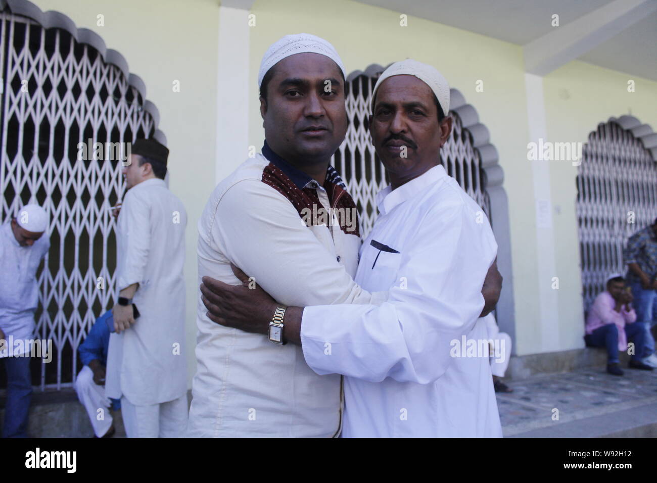 Kathmandu, Nepal. 12th Aug, 2019. Nepali Muslims cuddle each other ...
