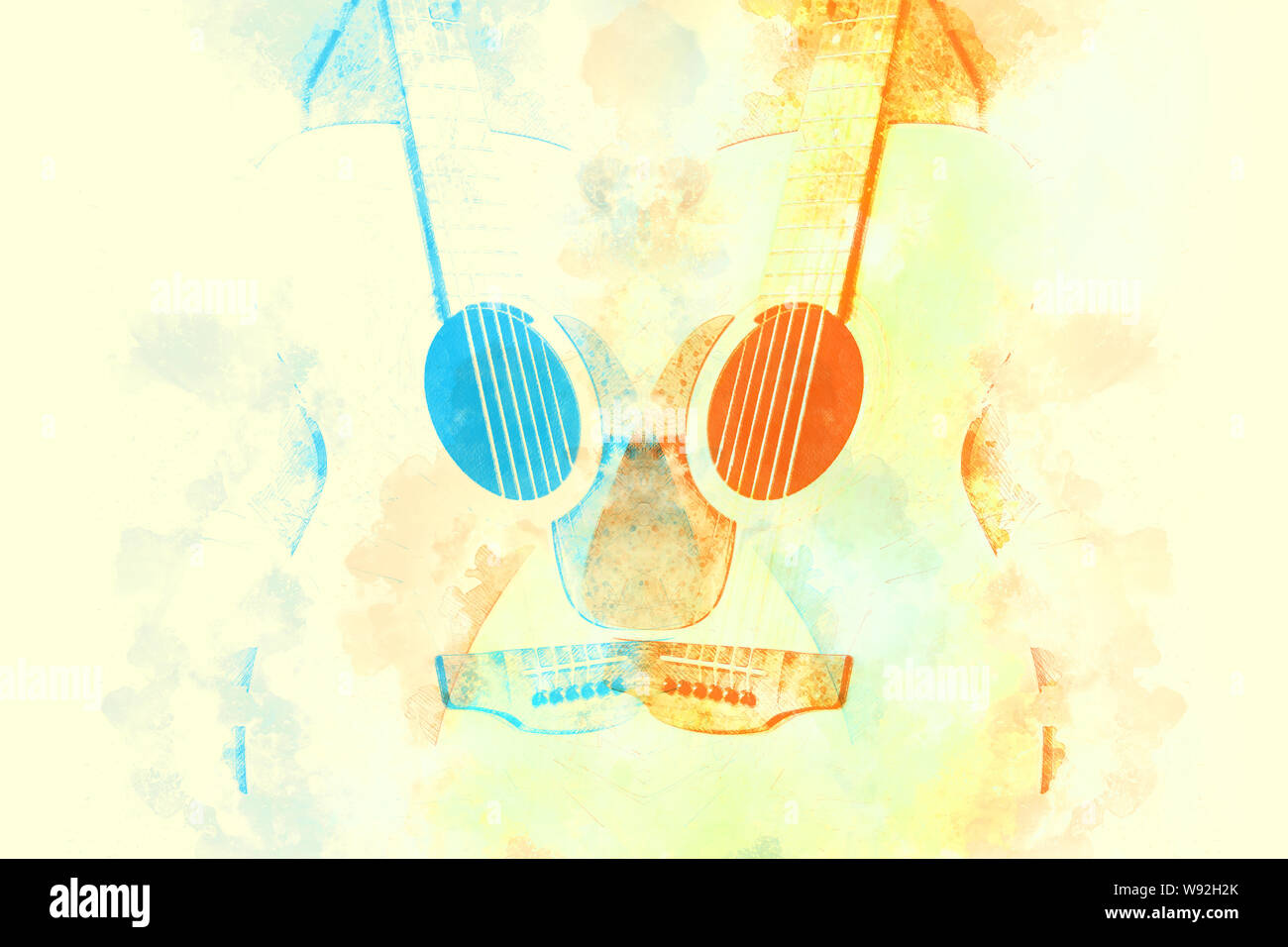 Abstract beautiful acoustic Guitar in the foreground on Watercolor ...