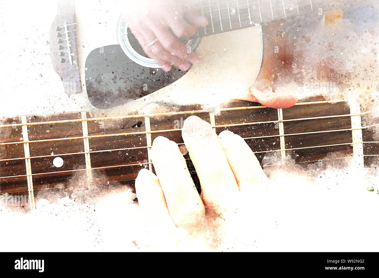 Abstract beautiful playing acoustic Guitar in the foreground on ...