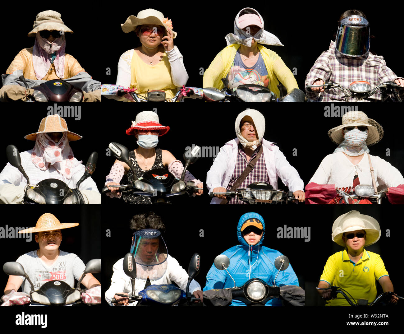 This composite picture shows cyclists shielding themselves with hats ...