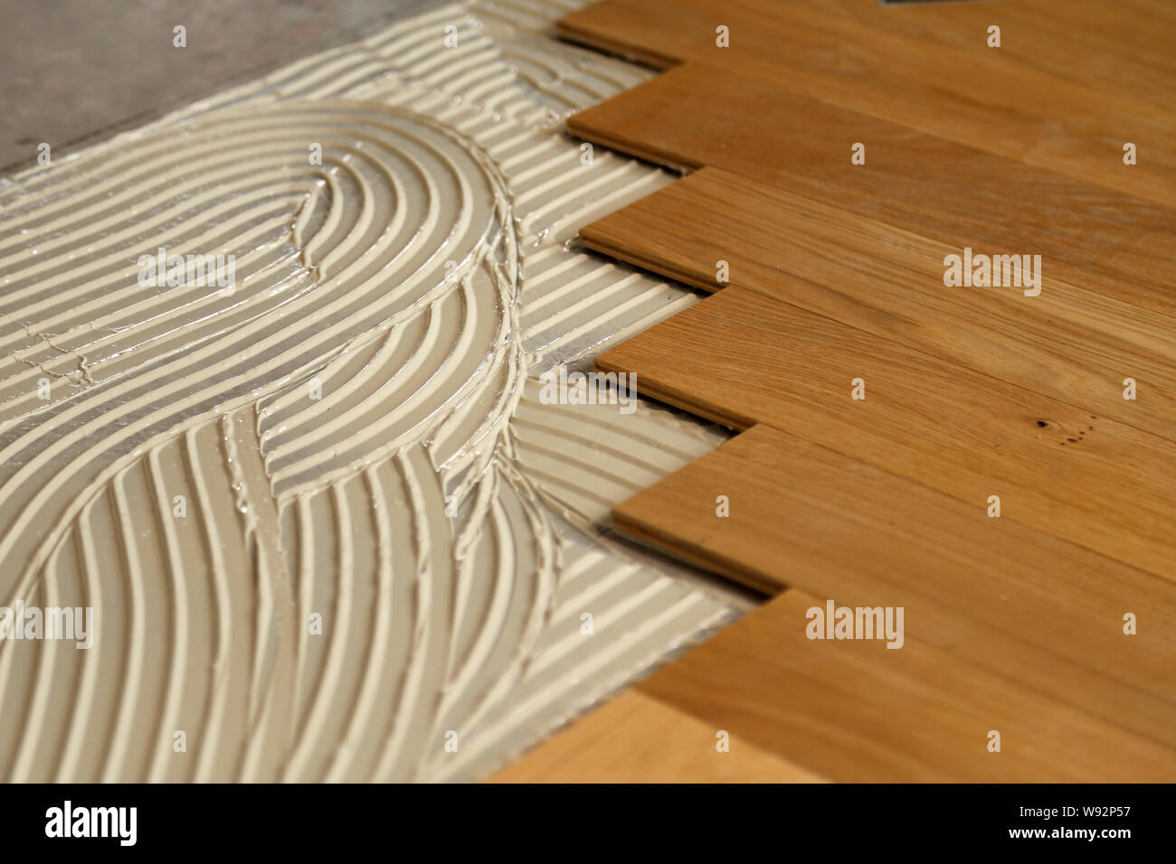 Construction in a renovated room installation of parquet Stock Photo ...