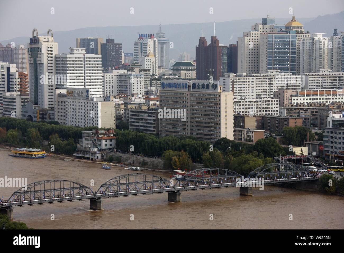 --FILE--Skyline of Lanzhou city with clusters of buildings and ...