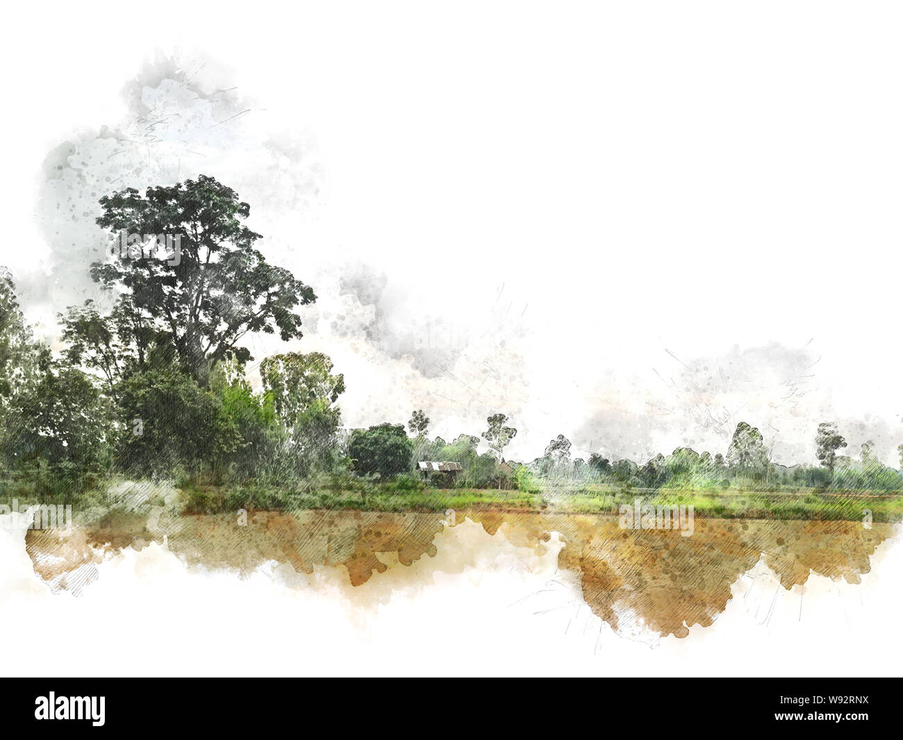 Abstract colofrul tree land field landscape on watercolor illustration ...