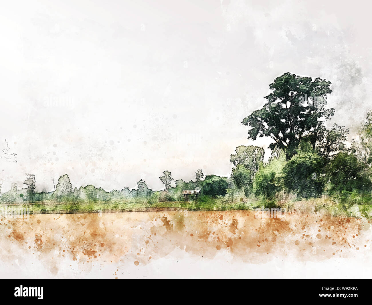 Abstract colofrul tree land field landscape on watercolor illustration ...