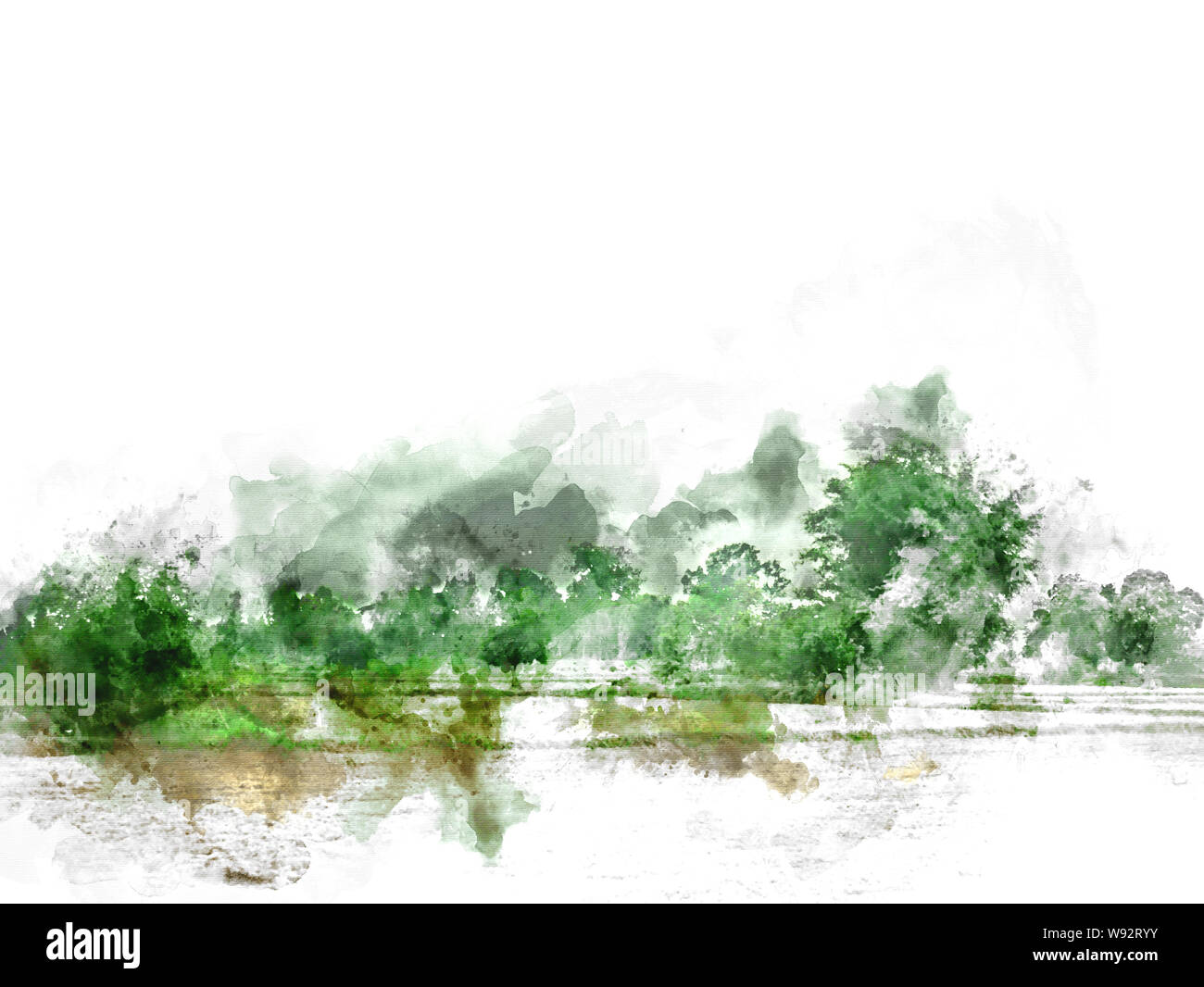 Abstract colofrul tree land field landscape on watercolor illustration ...