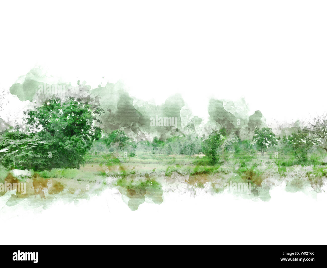 Abstract colofrul tree land field landscape on watercolor illustration ...