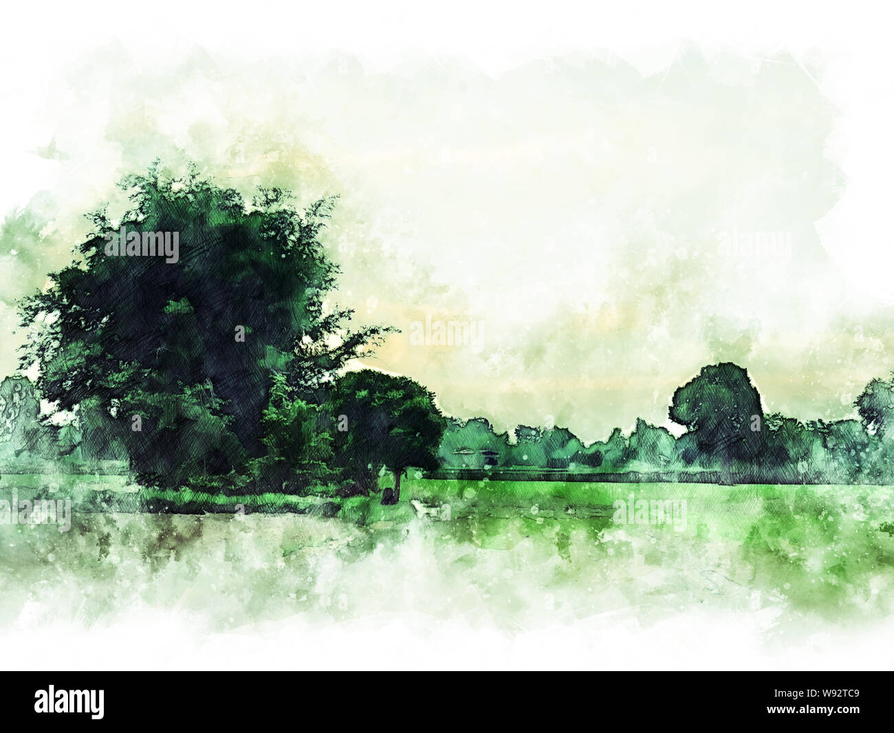 Abstract colofrul tree land field landscape on watercolor illustration ...