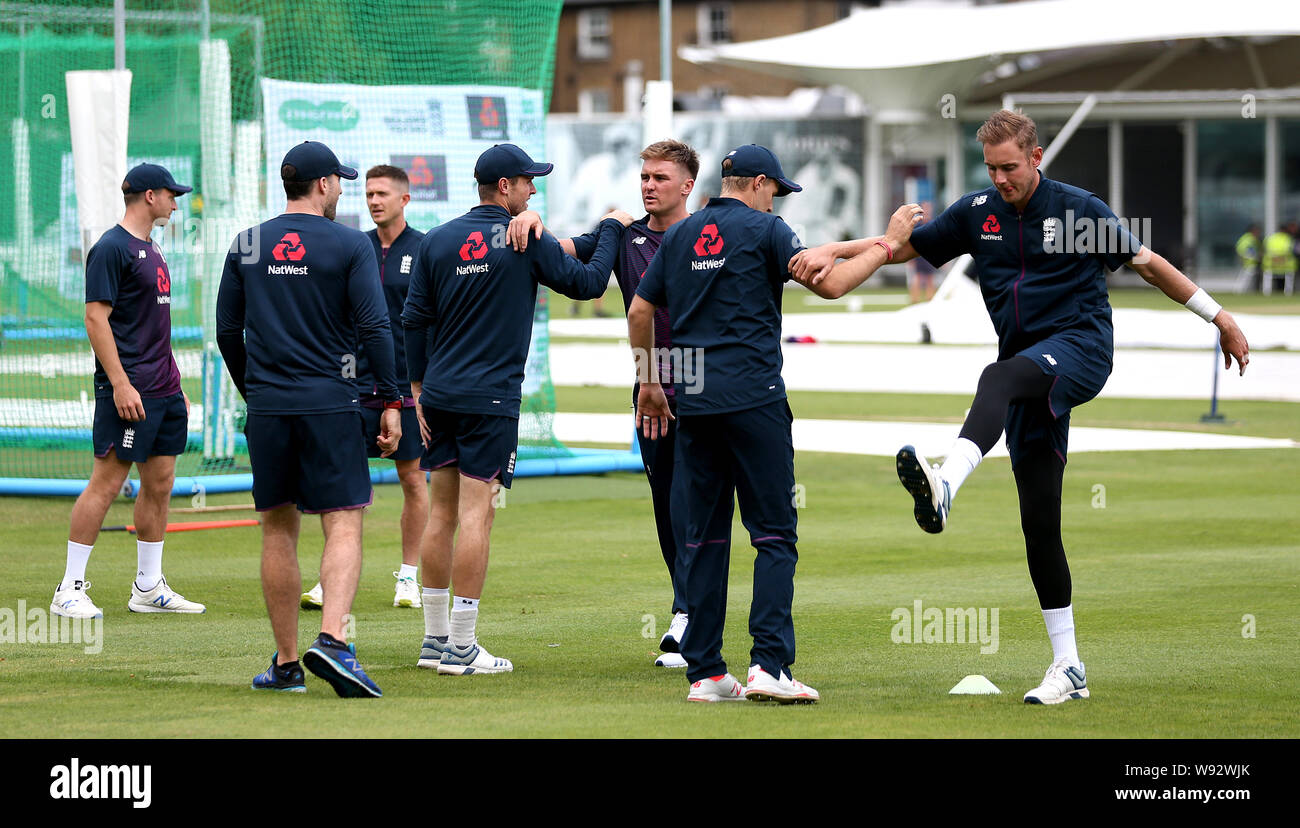 England's Stuart Broad (right) and Jason Roy (centre) during a nets ...