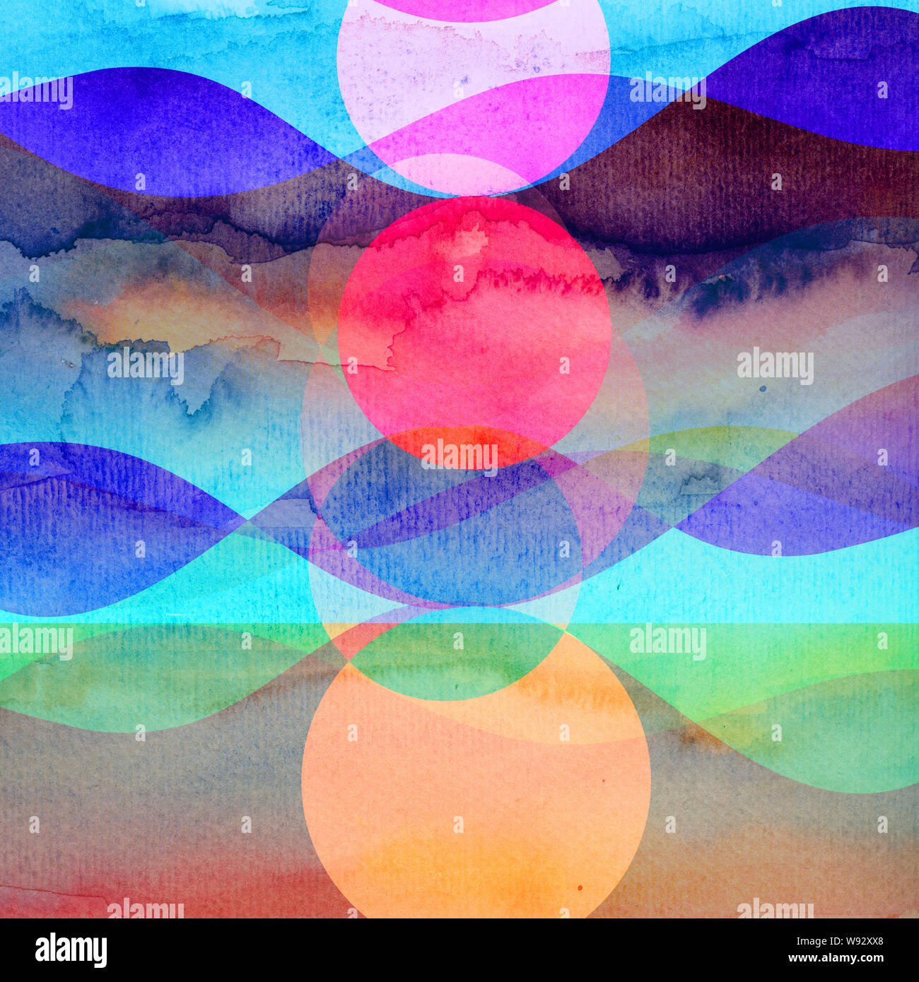 Abstract watercolor picture with new geometric sun and sea and objects ...