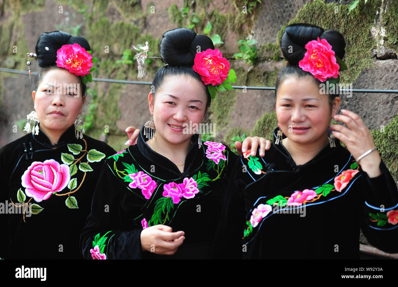 Chinese women of Miao ethnic minority dressed in traditional Miao ...