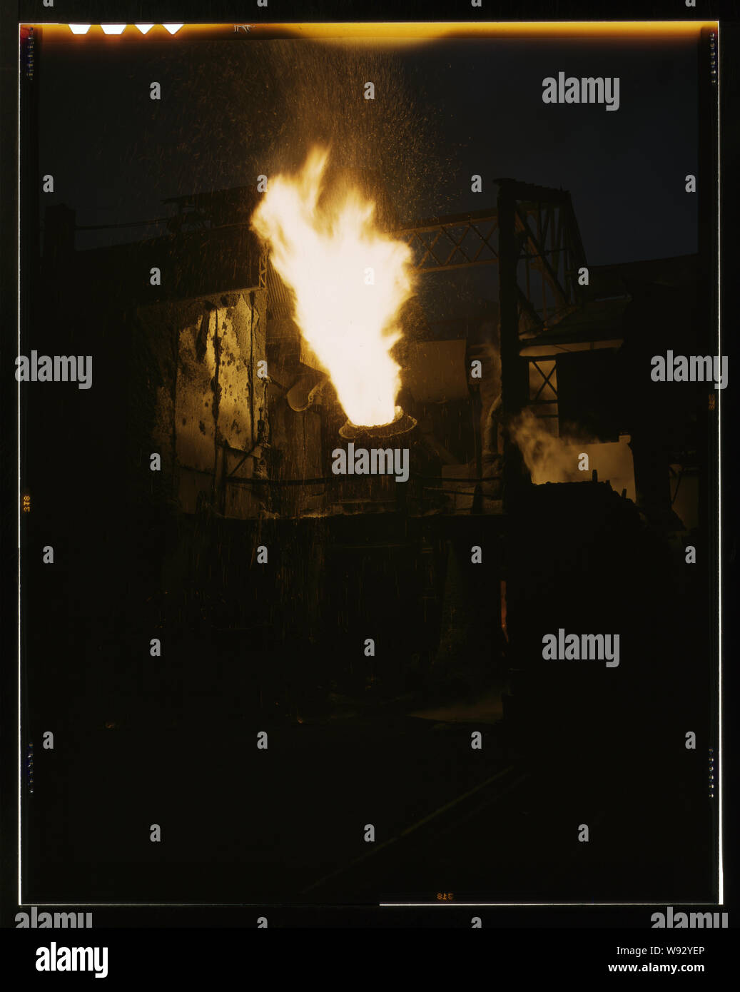 A scene in a steel mill, Republic Steel Mill, Youngstown, Ohio. Molten ...