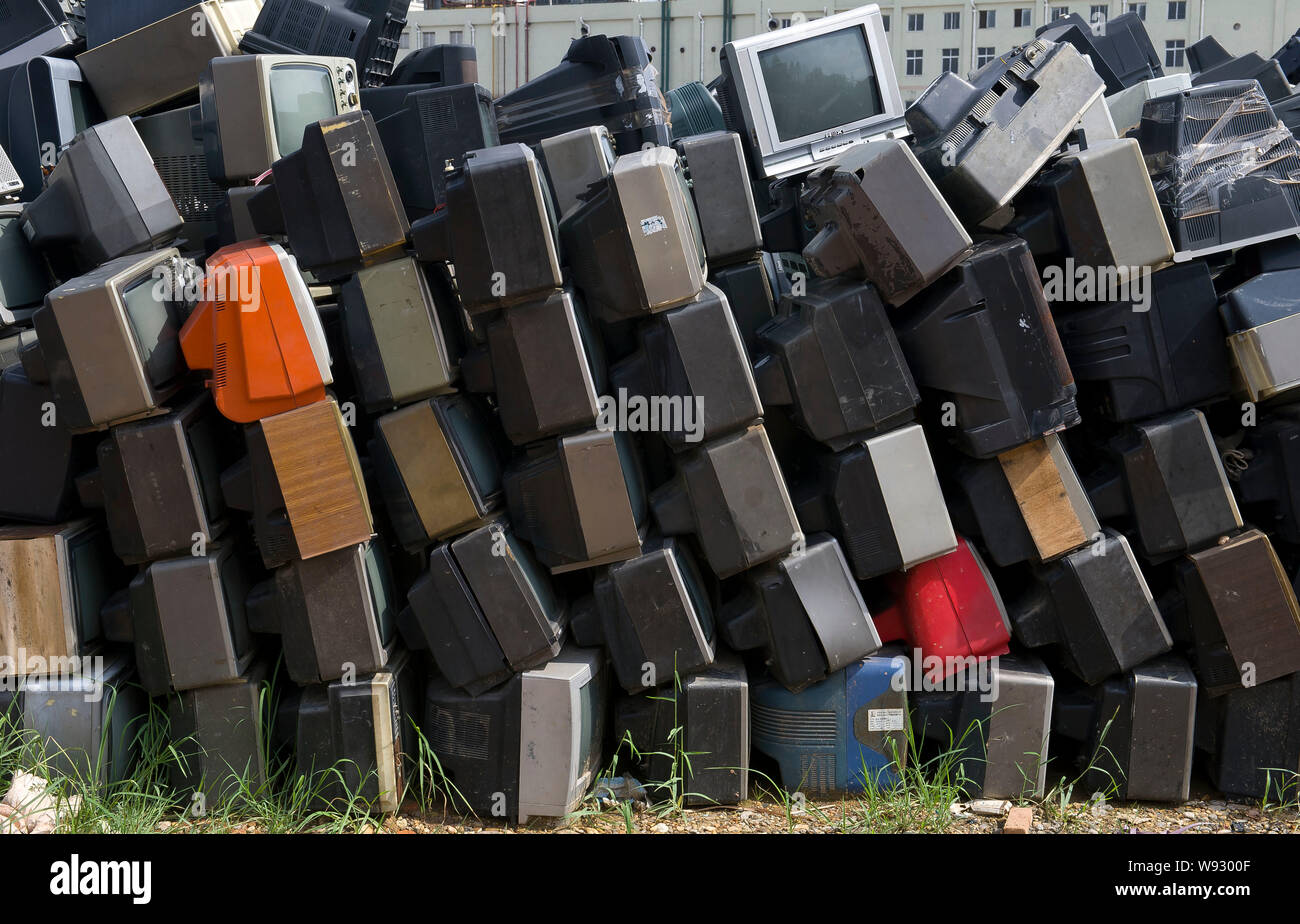 Discarded outdated CRT (Cathode Ray Tube) TV sets to be recycled are ...