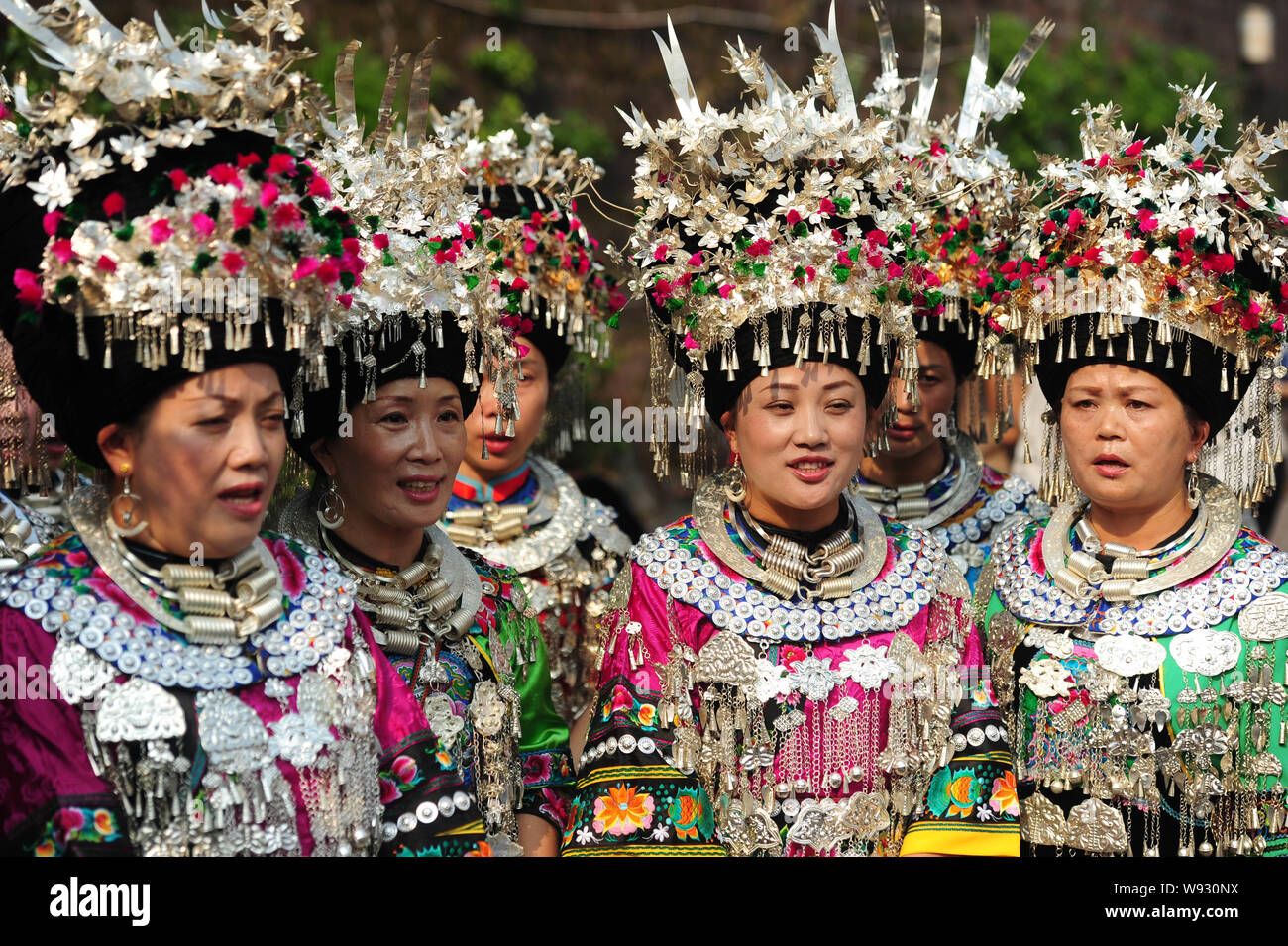 Chinese women of Miao ethnic minority dressed in traditional Miao ...