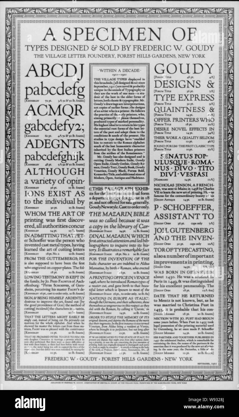 A specimen of types designed & sold by Frederic W. Goudy Stock Photo ...