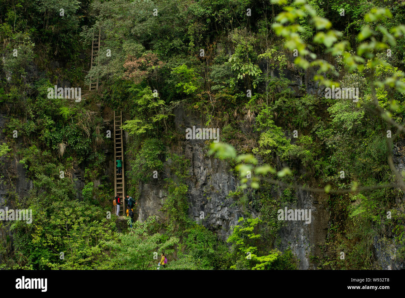 View of people climbing two vertical wooden ladders in deep mountains ...