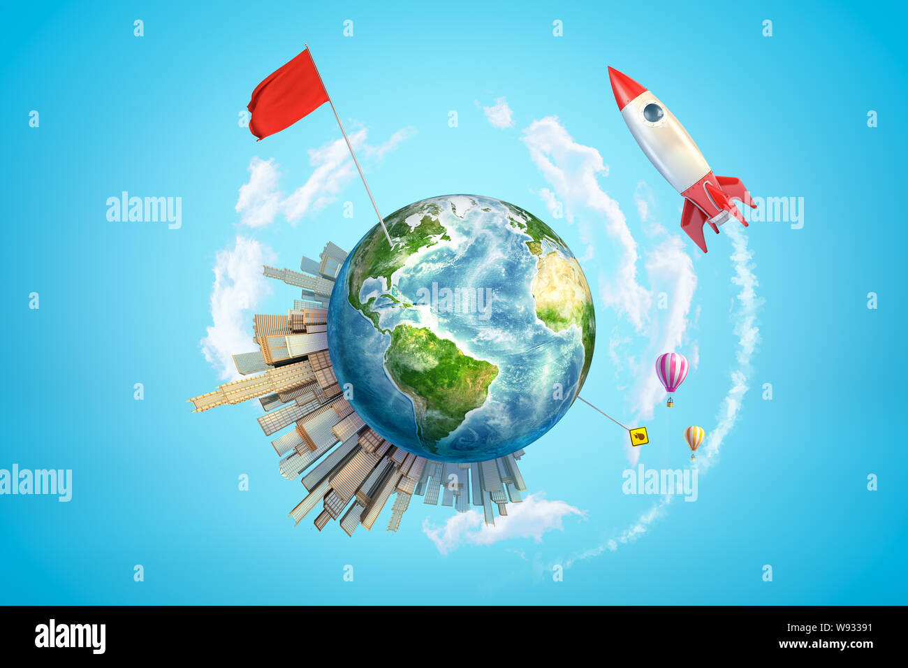 3d rendering of colored earth globe with city buildings, air balloons ...