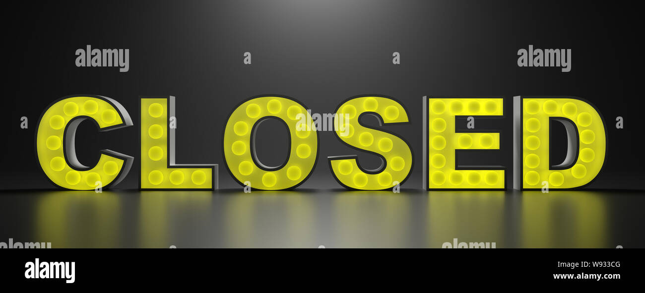 Closed sign. Yellow color bright light Closed text glowing against ...