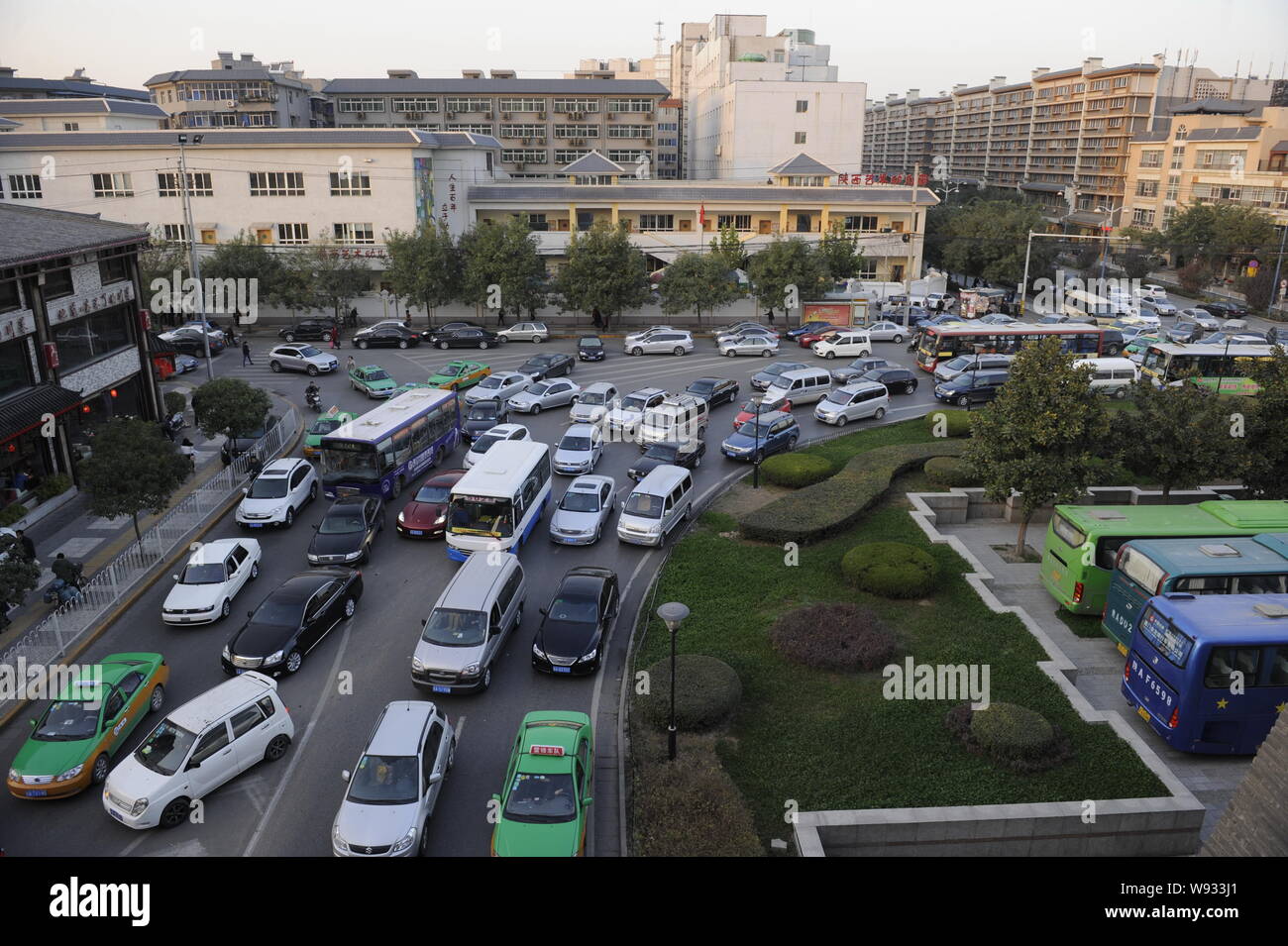 --FILE--Aerial view of vehicles moving slowly on a road during a ...