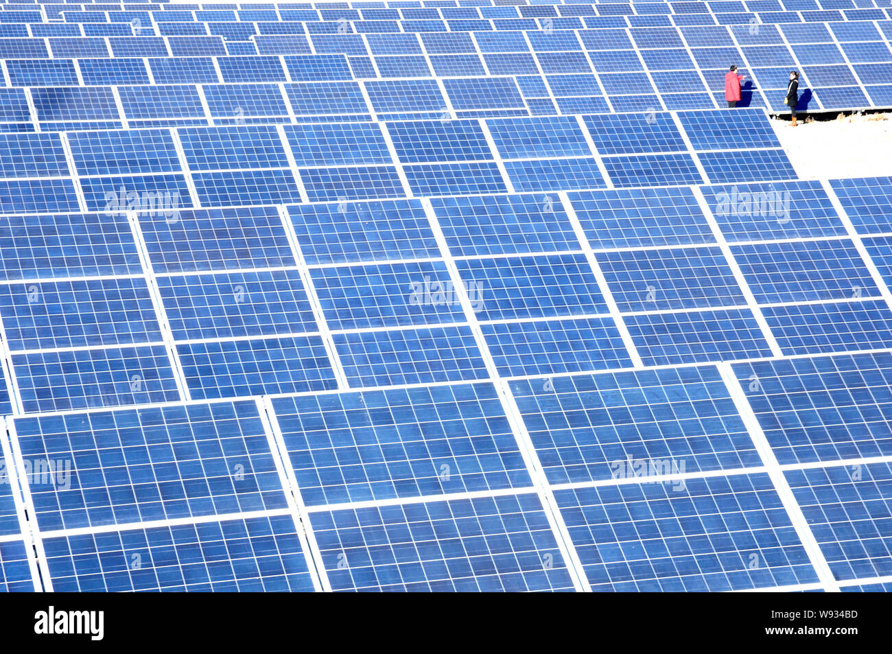 Chinese inspectors examine arrays of solar panels at a solar power ...