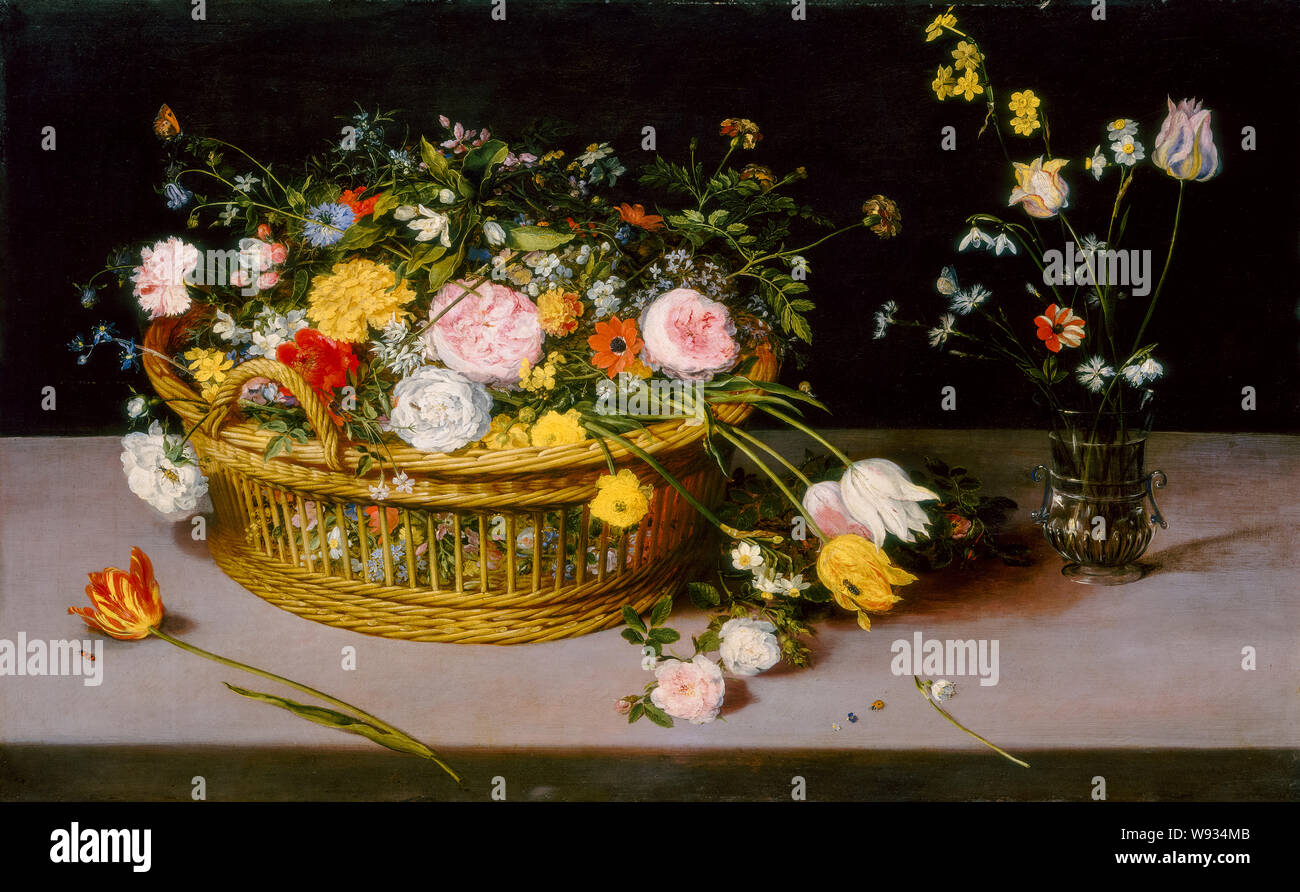 Jan Brueghel the Elder, Flowers in a Basket and a Vase, still life ...