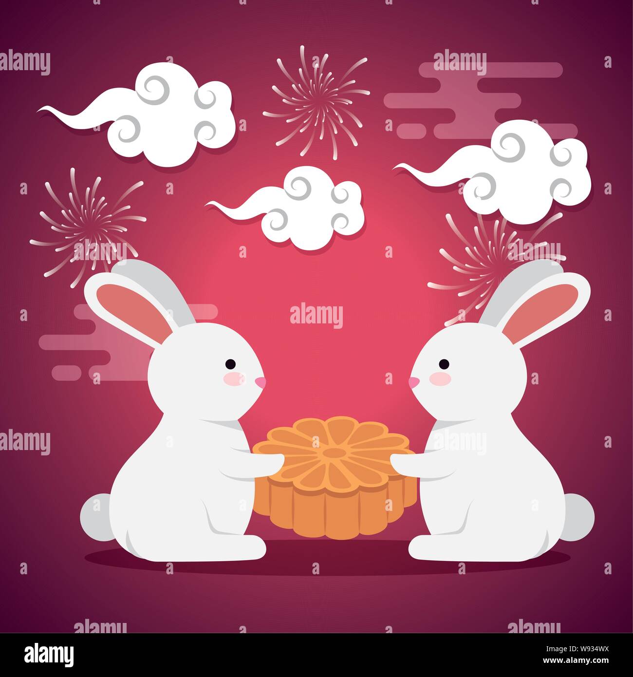 rabbits together with flower cookie and fireworks with clouds Stock ...
