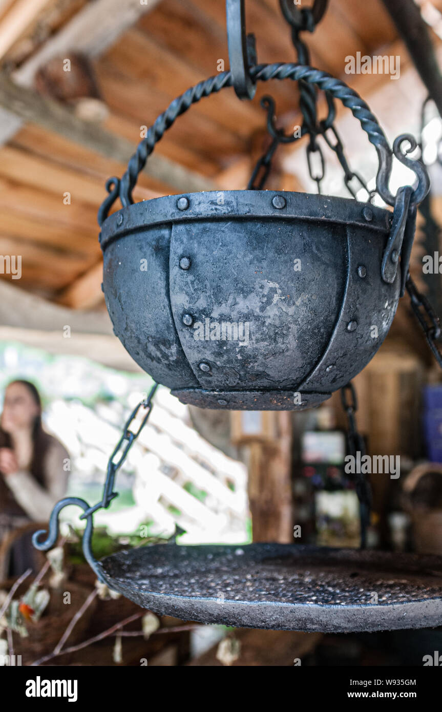 A large hanging steel cauldron used in the medieval / viking kitchen ...
