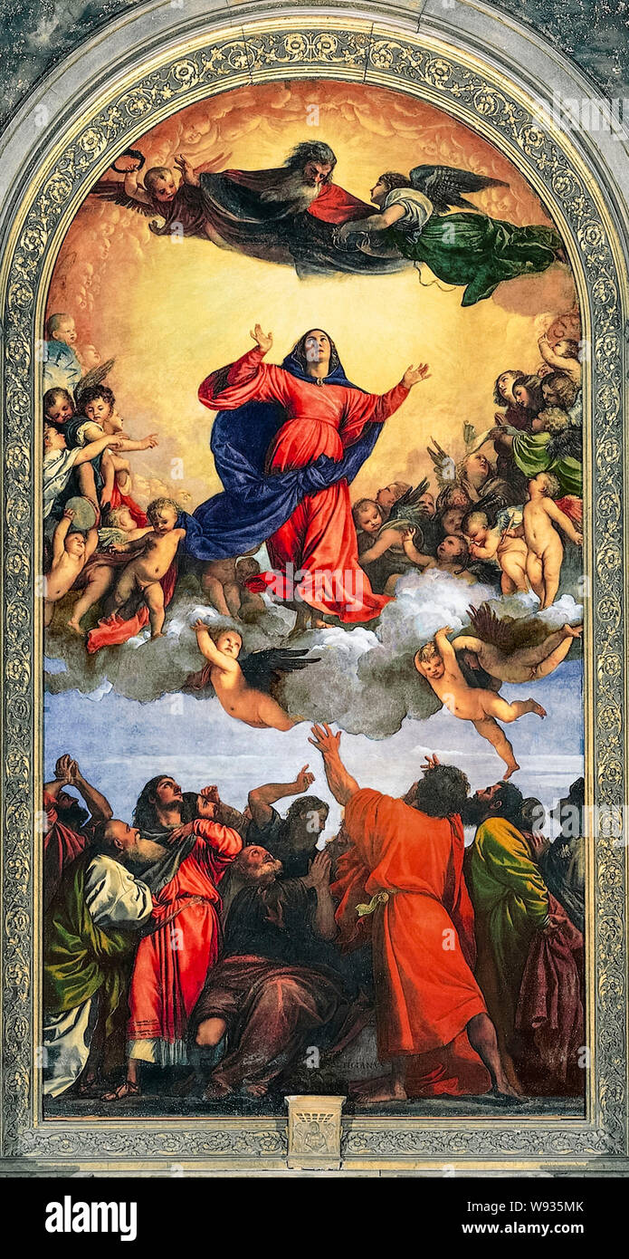 Titian, Tiziano Vecellio, Assumption of the Virgin, painting in oil on ...