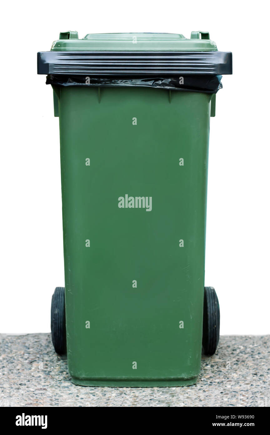 Green litter bin with lid on white background Stock Photo - Alamy