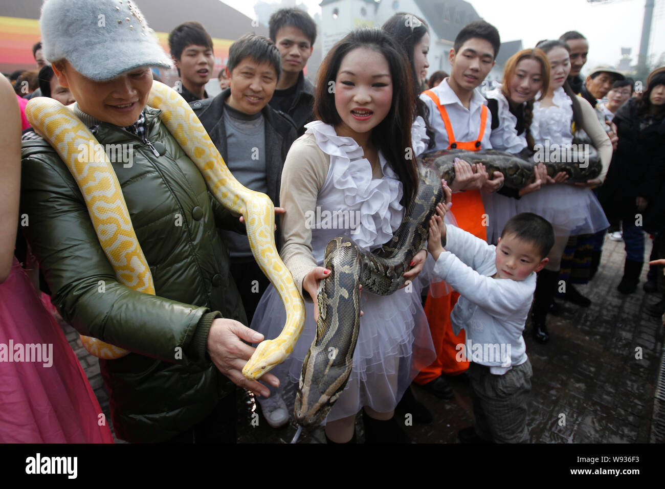 Tourists and local residents stroke pythons presented by staff members ...