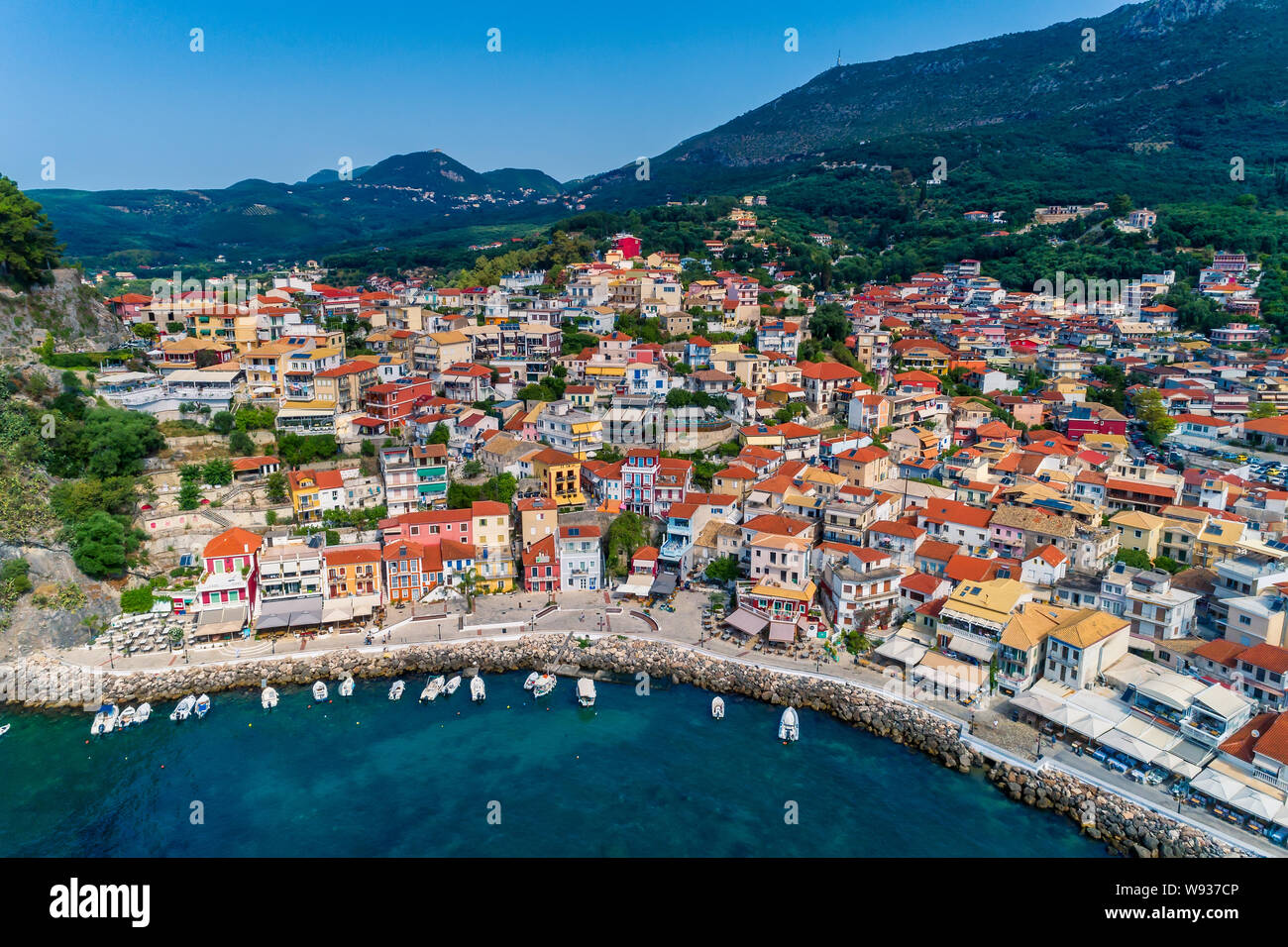 Aerial cityscape view of the coastal city of Parga, Greece during the ...