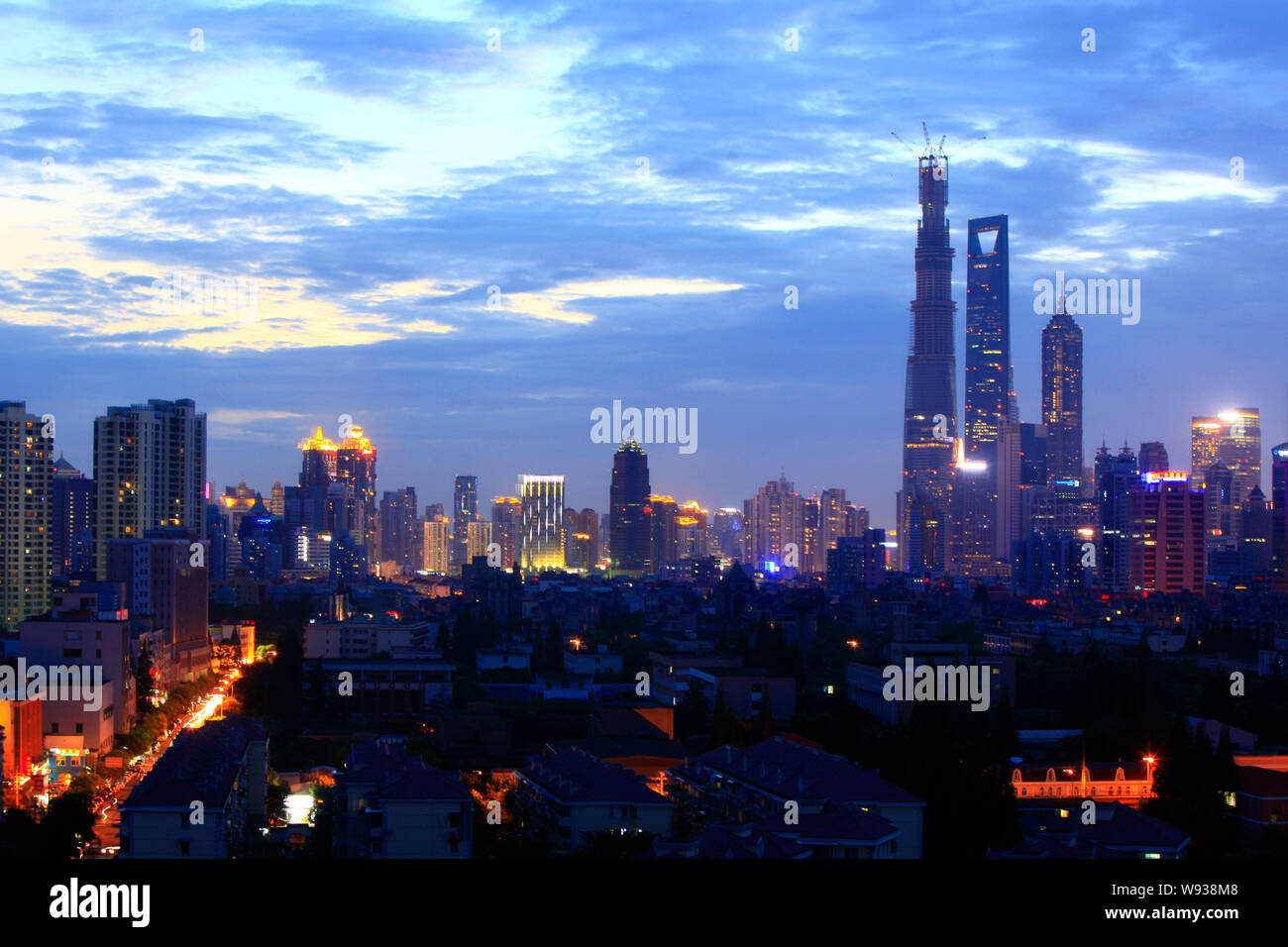 Aerial night view of skyline of the Lujiazui Financial District with ...