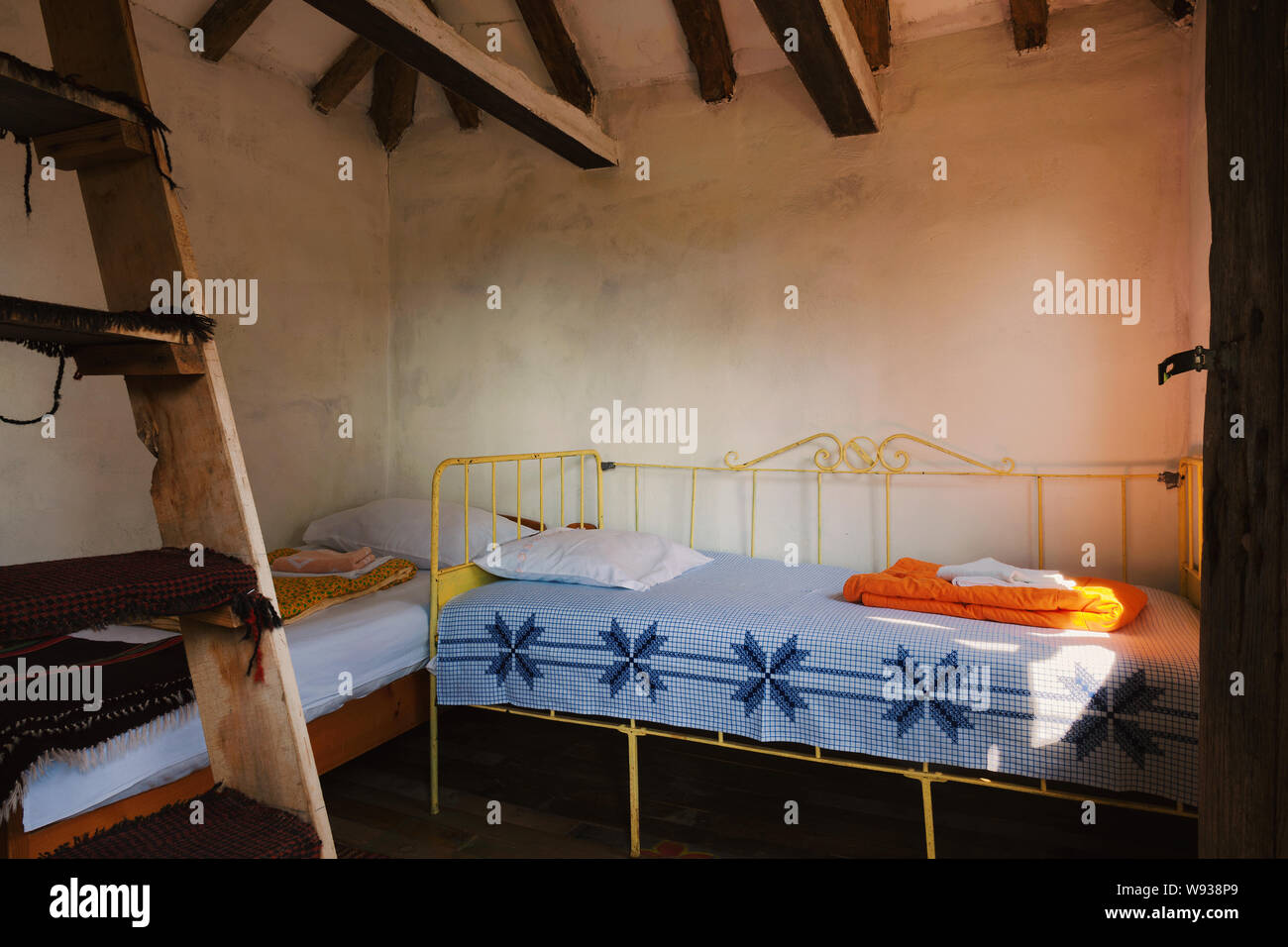 Old wooden house interior. Part of a traditional household from Serbia ...