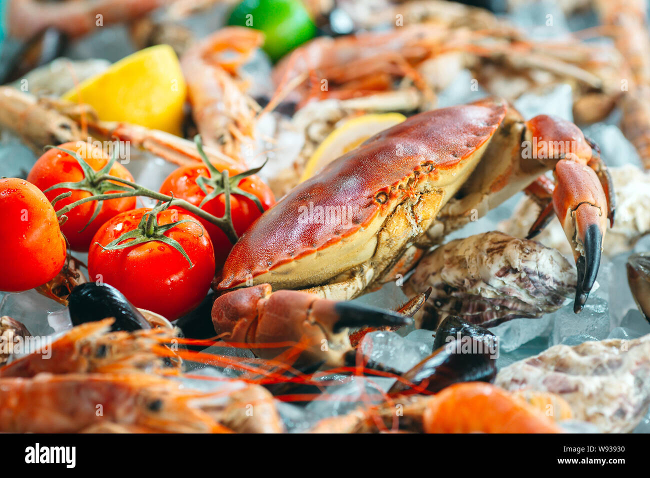 Seafood on ice. Crabs, sturgeon, shellfish, shrimp, Rapana, Dorado, on ...