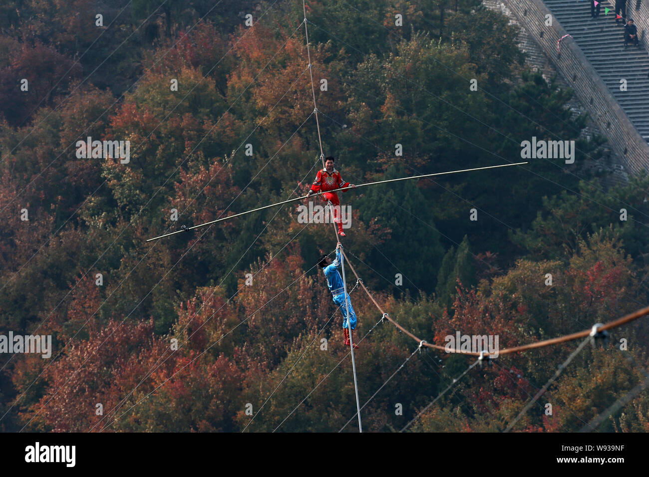 Chinas tightrope walking prince Adili Wuxor, top, and his student Yakup ...