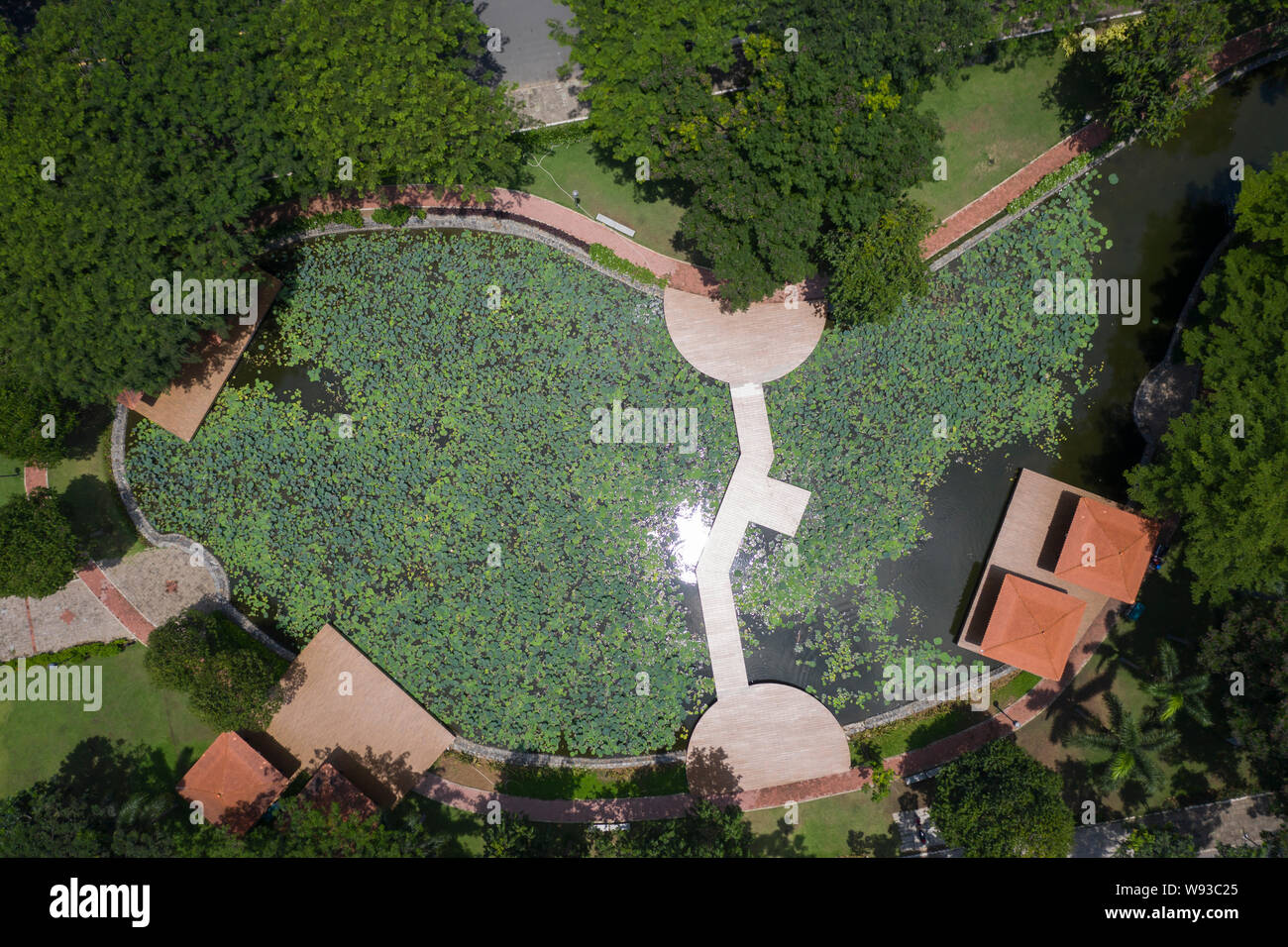 aerial view of modern urban park featuring lakes, lush gardens, bridges ...