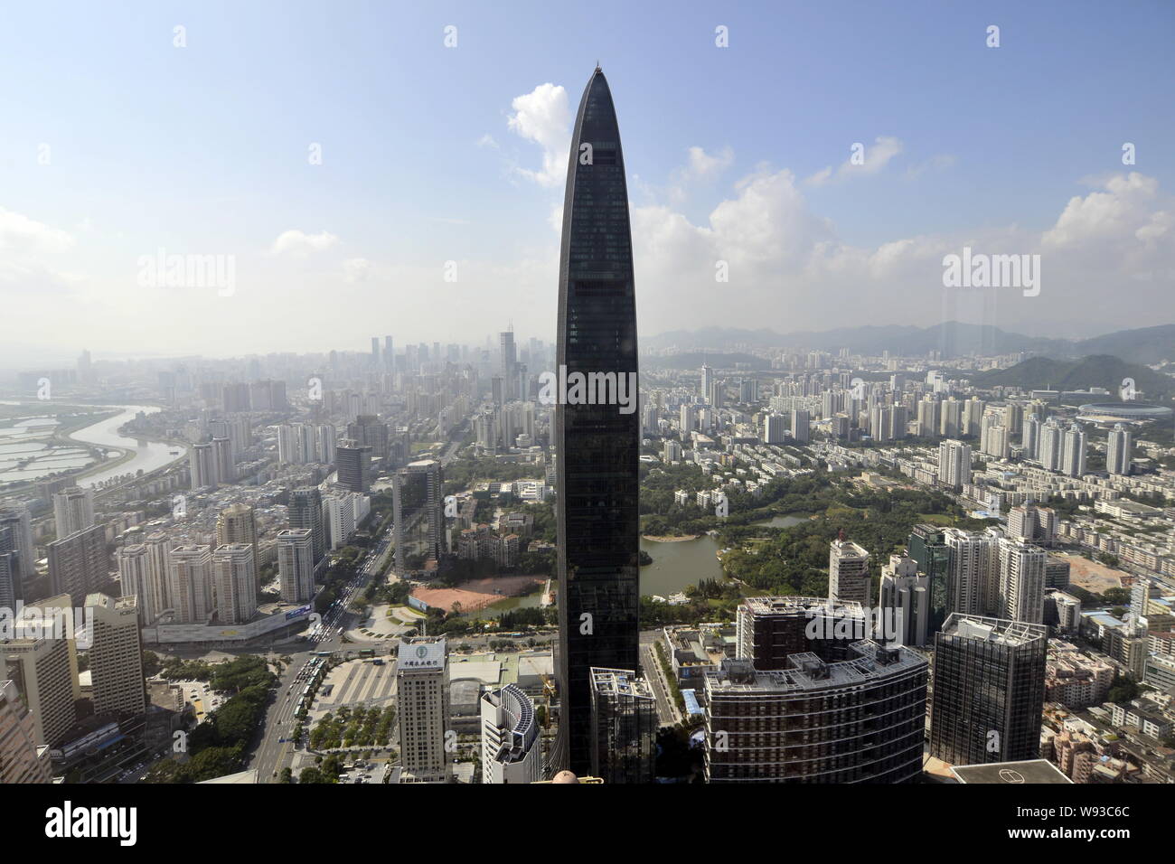 --FILE--Skyline of downtown areas with the Kingkey 100 skyscraper and ...