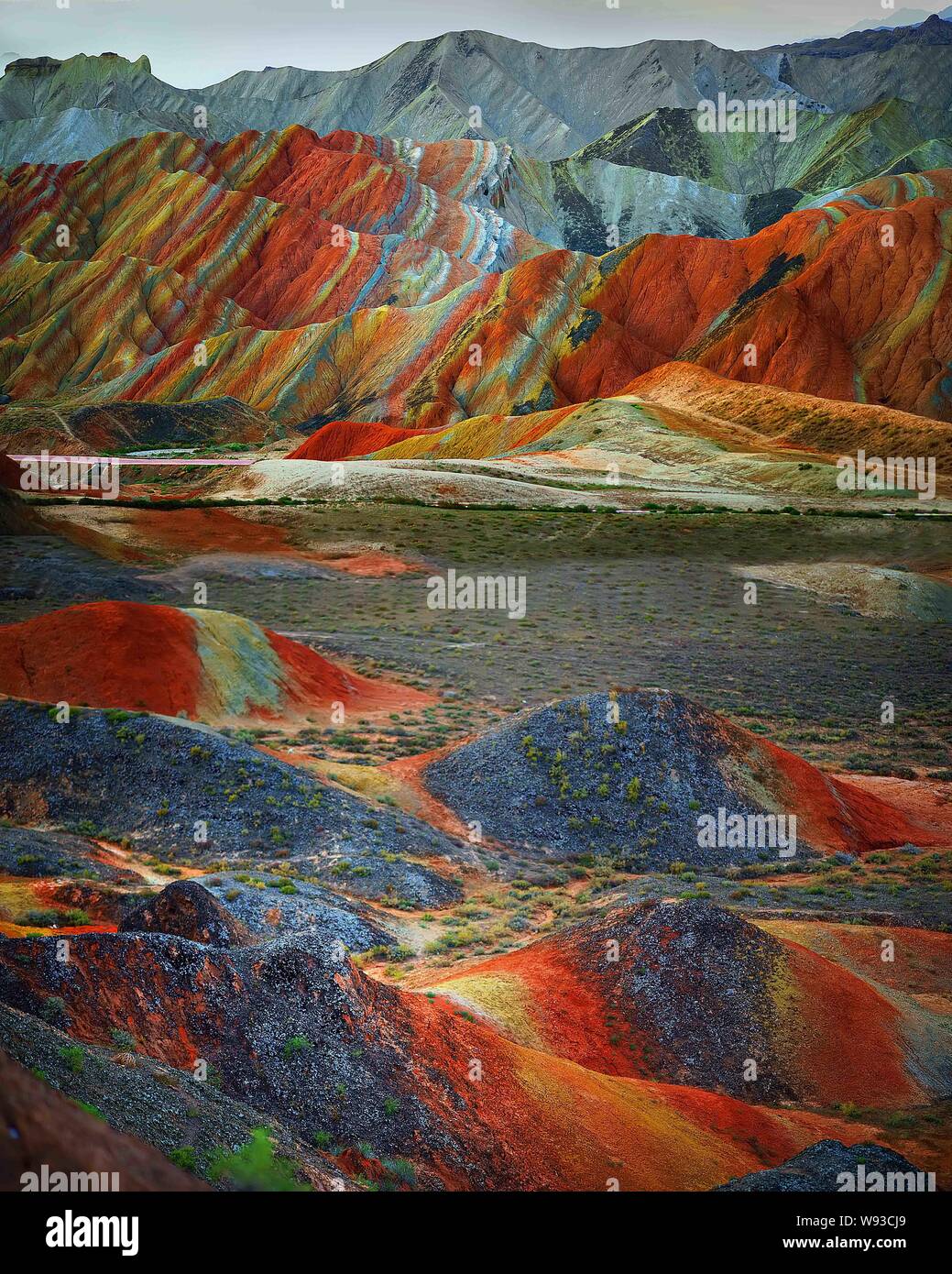 View of colourful rock formations at the Zhangye Danxia Landform ...
