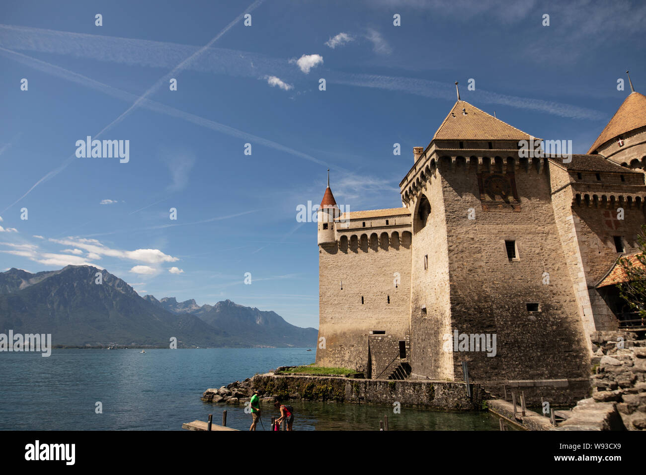 The Chillon Castle (Chateau de Chillon) on Lake Geneva (Lac Leman) and ...