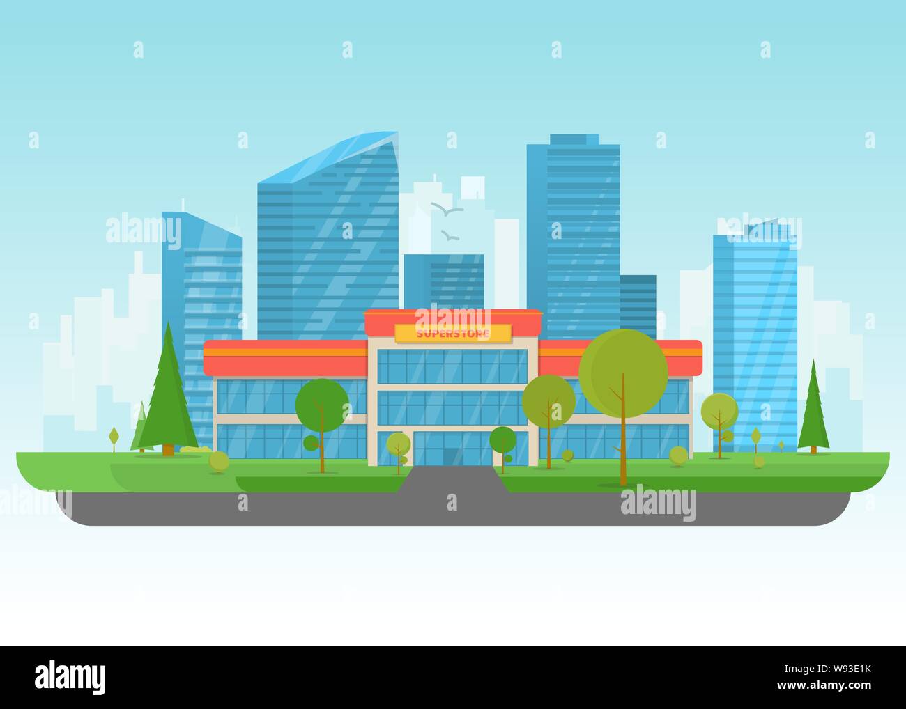 Supermarket store building. Store building near park with trees and big ...