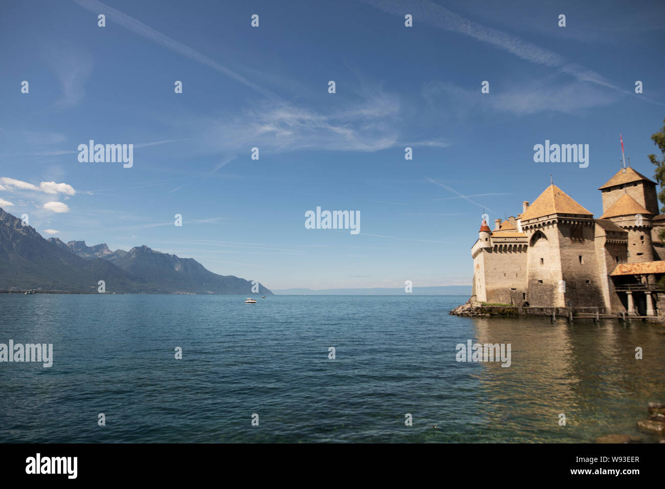 The Chillon Castle (Chateau de Chillon) on Lake Geneva (Lac Leman) and ...