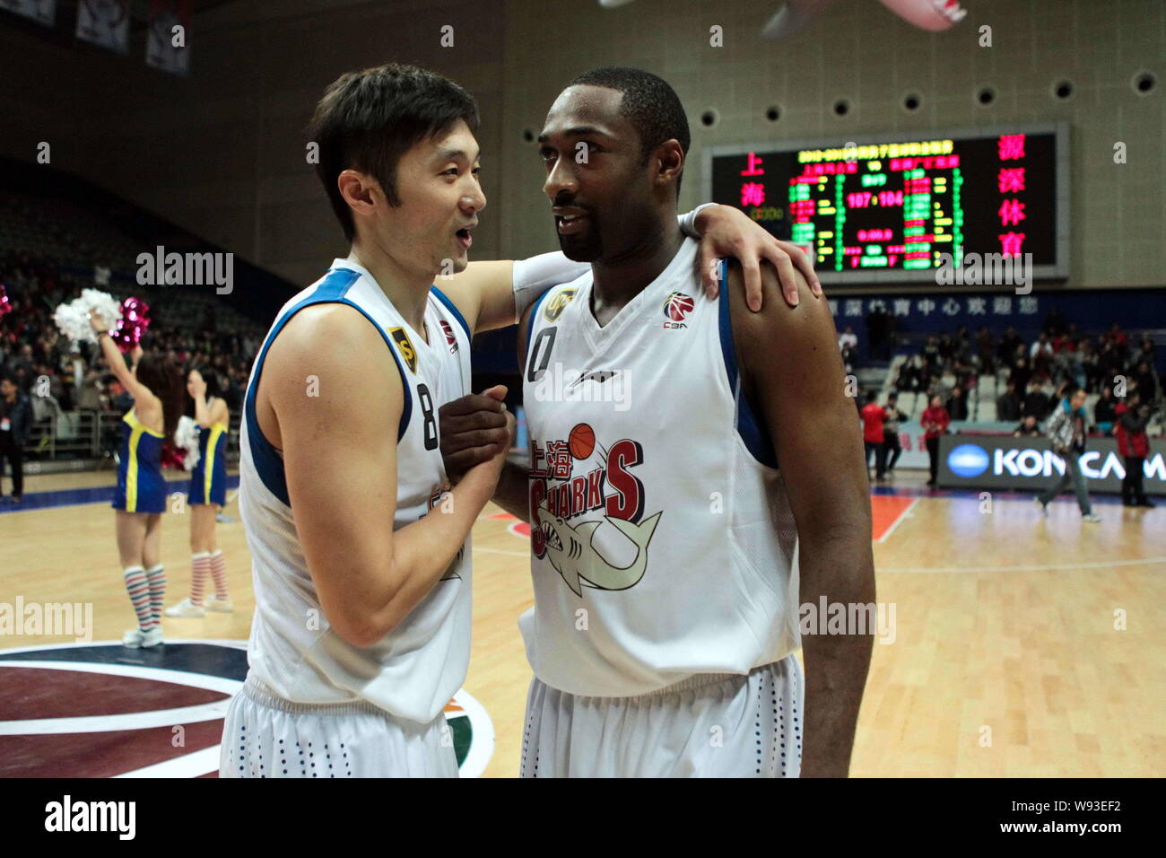Gilbert Arenas of the Shanghai Sharks, right, celebrates with teammate ...