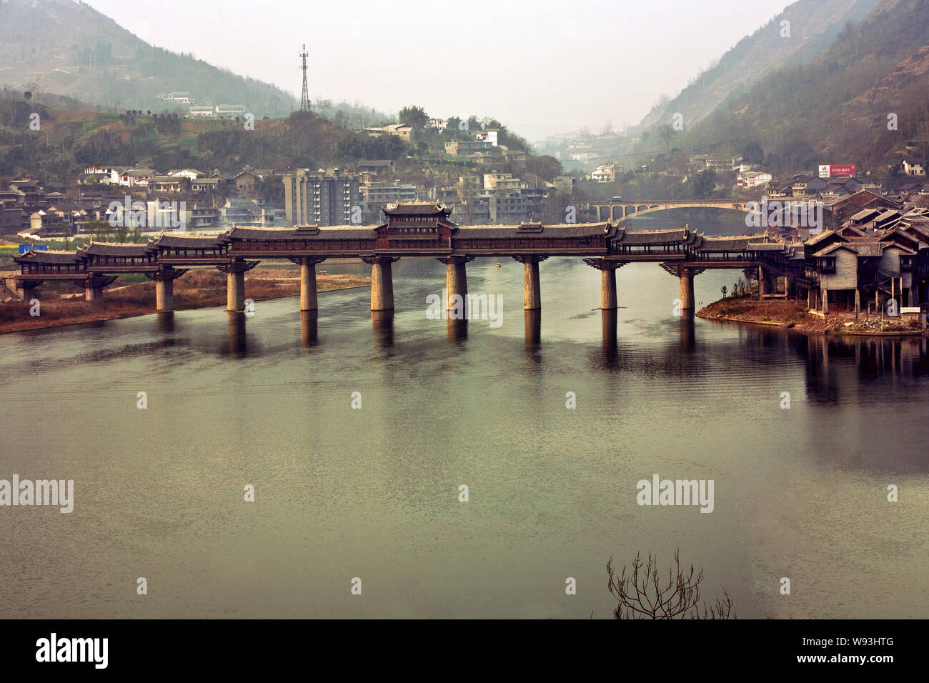 --FILE--Landscape of Zhuoshui town with Zhuoshui Fengyu Covered Bridge ...